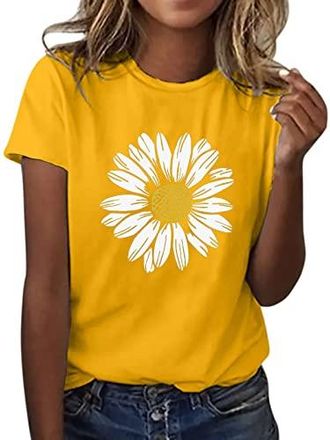 Generic HUIFUAO - Chemise dété pour Femme, Motif Tournesol, Papillon, Haut Graphique, col Rond, Manches Courtes, en Coton, Coupe Ample, Jaune A02, S