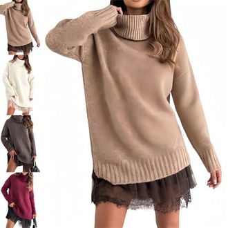 Generic Ensemble mini robe pull &agrave; col roul&eacute; pour femme, combinant une robe pull douce avec une &eacute;l&eacute;gante bordure en dentelle, kaki, XXL-6XL