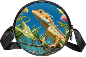 Generic Petit sac &agrave; bandouli&egrave;re circulaire pour femme, motif l&eacute;zard fleur, sac &agrave; dos &agrave; bandouli&egrave;re avec fermeture &eacute;clair, bretelles r&eacute;glables, sac &agrave; main rond