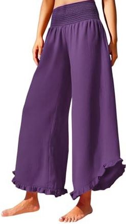 Generic Pantalon L&eacute;ger Femme Ete en Lin Taille Elastique Pantalon Ample en Coton et Lin pour Femmes Couleur Unie &Agrave; La D&eacute;contract&eacute; Taille Haute Pliss&eacute; Irr&eacute;guli