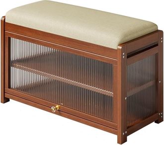 Generic Schuhbank mit Sitzfl&auml;che Landhausstil Bambusrahmen Transparente Acrylt&uuml;ren Sitzkissen Aus Leinen Sitzbank mit Stauraum f&uuml;r Eingangsbereich, Flur, Wohn