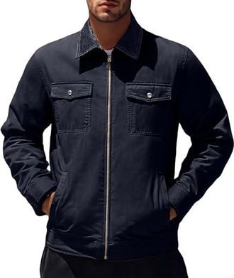 Generic Veste pour homme avec poches poitrine - Veste cargo avec fermeture &eacute;clair - En coton - Couleur unie - Avec col rabattu - Confortable - Coupe-vent - Ve