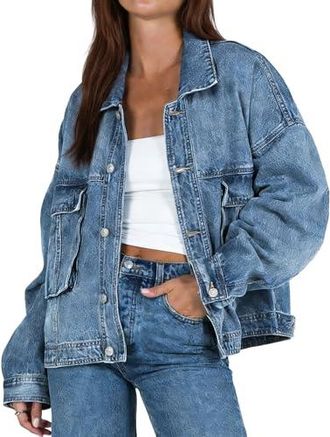 Generic Manteau en jean surdimensionn&eacute; &agrave; manches longues pour femme, veste en jean boutonn&eacute;e sur le devant, v&ecirc;tement dext&eacute;rieur d&eacute;contract&eacute; &agrave; col rabattu, ble