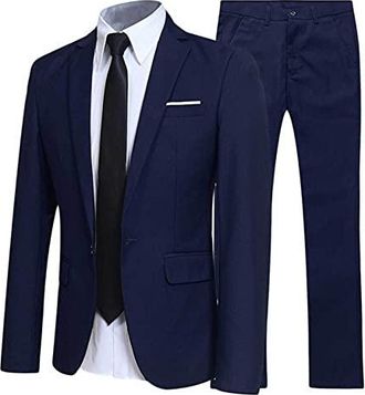 TiaoBug Homme Costume Formel 2 Pièces Blazer Veste et Pantalon Slim Fit Tenues Affaires Business Mariage Cérémonie S-6XL Bleu Marine XL