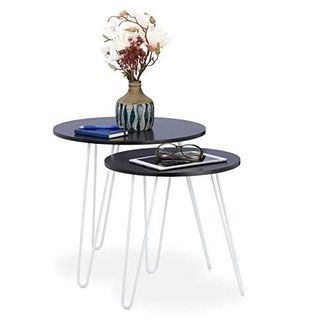 Relaxdays Beistelltisch 2er Set, rund, Satztische Flur, Wohnzimmer, Couch, klein, 3 Metallbeine, &Oslash; 40 und 48 cm, schwarz