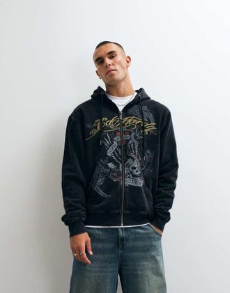 Ed Hardy New York sweat &agrave; capuche zipp&eacute; d&eacute;contract&eacute; noir