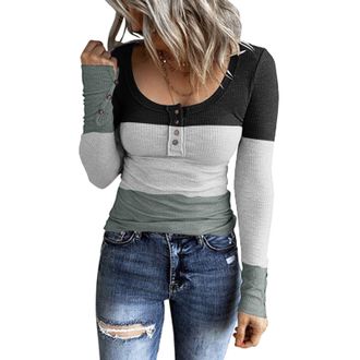 Generic Pullover Damen Strickpullover mit Knöpfen,Henley T Shirt Damen Langarm,Basic Langarmshirt Damen V Ausschnitt Gestricktes Sweatshirt T-Shirt Sweater Pu