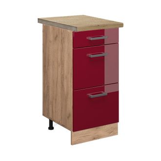 Vicco K&uuml;chenunterschrank R-Line, Bordeaux Hochglanz, 40 cm mit Schubladen, ap Eiche
