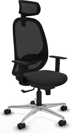 Piqueras y Crespo Schreibtischstuhl aus Netzstoff mit schwarzen Armlehnen, h&ouml;henverstellbare Lendenwirbelst&uuml;tze und h&ouml;henverstellbares Kopfteil, Schwarz / Schwarz