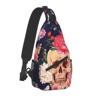 AOOEDM Brusttasche für Männer Frauen Schädel und Blumen Sling Schulterrucksack Große Kapazität Umhängetasche mit verstellbarem Schultergurt