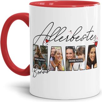 Tassendruck Fototasse mit Spruch - Allerbeste Bonus Mama - zum Selbst gestalten mit Foto-Collage für 4 Fotos, Innen & Henkel Rosa, 300 ml