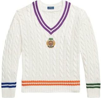 Polo Ralph Lauren Pull col v en maille torsad&eacute;e de lin et coton