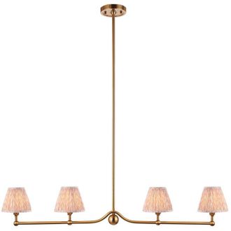 Endon Lighting Santiago Suspension en laiton vieilli bross&eacute; avec abat-jour en tissu feuille couleur p&ecirc;che 16 cm 4 x B22