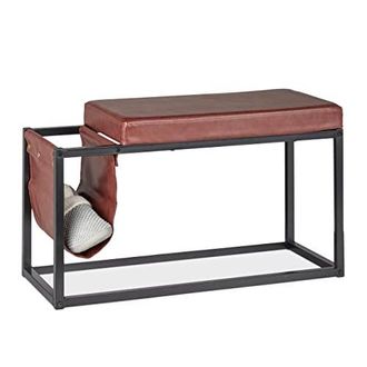 Relaxdays Sitzbank mit Seitentasche, HBT: 42,5 x 77 x 38 cm, Industrial Design, gepolstert, Flurbank, braun/schwarz
