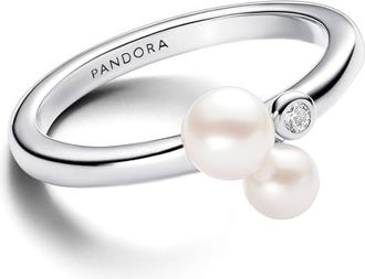Pandora Pandora Timeless Bague en argent sterling avec perle de culture deau douce trait&eacute;e blanche et zircones cubiques transparentes, taille 54