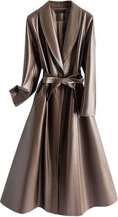 Generic Trench en similicuir pour femme - Longueur mi-longue - Manches longues - Bouton - Pour motard - Tendance - Avec ceinture, marron, 4XL