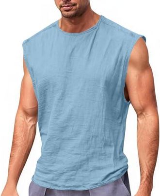 Generic Chemise en lin l&eacute;g&egrave;re et classique sans manches pour homme, couleur unie, respirante, extensible, &eacute;l&eacute;gante, polyvalente, confortable, col rond, chemis