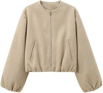 Generic Blouson aviateur r&eacute;tro doux for femme, col rond, manches longues, ourlet &eacute;lastique et fermeture &eacute;clair(Khaki,xs)