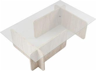 Hanah Home Elegant Coffee Table, Travertine Color, 105 x 30 x 65 cm | 100% Tempered Glass & Melamine Coated Particle Board, 18 mm Thick | Stylish Marble Design f