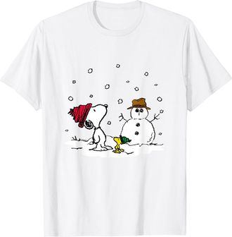 Peanuts Snoopy Woodstock Schneemann T-Shirt, Unisex, Kurzarm, Blau, S