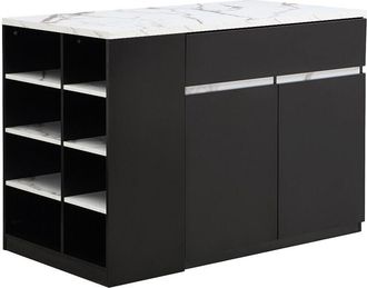 Vente-Unique Ilot central de cuisine avec rangements - Effet marbre blanc et noir - MEILI