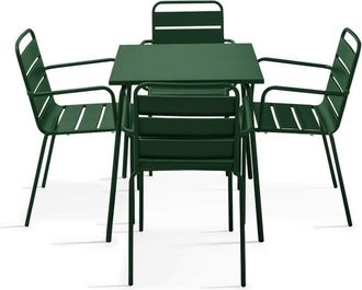 Oviala Ensemble table de jardin carr&eacute;e et 4 fauteuils acier 70 cm vert for&ecirc;t - Palavas