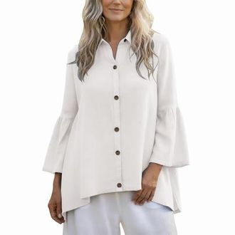 Generic Chemise en lin boutonn&eacute;e pour femme - Chemisiers &agrave; manches longues grande taille pour femme - Chemise boutonn&eacute;e &agrave; manches cloches - Tunique respirante