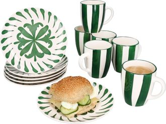 MamboCat Wald gr&uuml;n 12tlg Fr&uuml;hst&uuml;cksset I Je 6x kleine Fr&uuml;hst&uuml;cksteller & Kaffeebecher f&uuml;r 6 Personen mit Zweigen & Streifen I Weihnachten