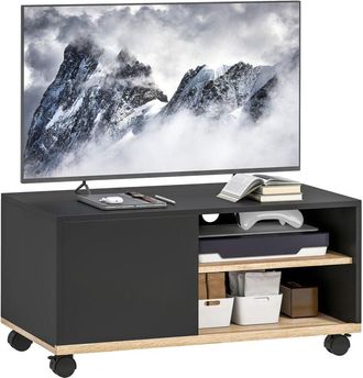 HOMCOM Homcom - Meuble tv sur roulettes avec 2 freins - 2 niches + placard porte 2 passe-fil - panneaux particules blanc ch&ecirc;ne clair