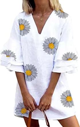 ORANDESIGNE Robe Femme Chic Et Elegant Mi Longue Ete Bohème Fluide Manches 3/4 Imprimé Tunique Robe Rétro Casual Soiree Robe de Plage Cocktail E Blanc-a XXL