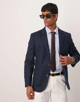 Asos Schmal geschnittener Blazer aus Baumwoll-Leinenmix in Marineblau