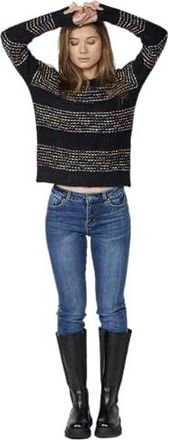Kor&ouml;shi Pull &agrave; manches longues &agrave; col rond avec liste large unie et liste multicolore pour femme, de couleur noire, Noir, S