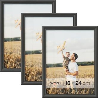 Woltu Lot de 3 Cadre Photo 18x24cm Cadre en Bois Massif avec Passe Partout, Suspendre Horizontalement ou Verticalement, Décoration Murale ou sur Table, Noir