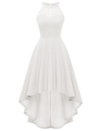 Bbonlinedress BBONL INEDRESS Sommerkleid Damen Neckholder High Low festliches wei&szlig;es Brautkleid Abendkleider elegant f&uuml;r Hochzeit Abschlusskleid lang Strandkleid-1I