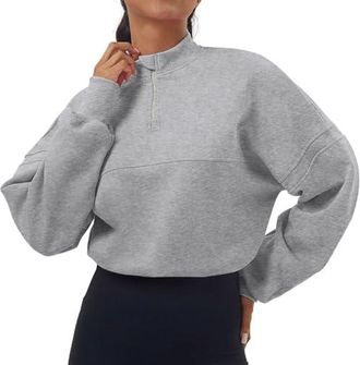 Generic Vestes pour femmes 2026 Sweat &agrave; capuche en polaire surdimensionn&eacute; avec poches et demi-fermeture &eacute;clair, gris clair, XL