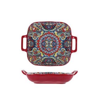 Generic Plateau de service en c&eacute;ramique avec poign&eacute;es, assiette en c&eacute;ramique boh&egrave;me, assiette carr&eacute;e, plat &agrave; salade color&eacute;, assiette &agrave; fruits r&eacute;tro (style A)