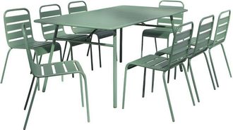 Vente-Unique Salle &agrave; manger de jardin en m&eacute;tal - une table L.200 cm et 8 chaises empilables - Vert amande - MIRMANDE de MYLIA