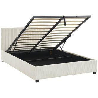 Sweeek Sweeek - Lit coffre avec sommier &agrave; lattes et t&ecirc;te de lit. finition velours c&ocirc;tel&eacute; blanc. l 202 x p 148 x h 86cm