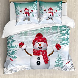 Abakuhaus Weihnachten Bettwäsche Set für Doppelbetten, Skifahren-Schneemann-Bäume, Weicher Microfaserstoff Allegigeignet kein Verblassen,Teal Rot Weiß