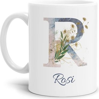 Tassendruck Tasse mit Buchstabe R und Blumen - mit Name personalisiert - Initiale, Namens-Tasse, Buchstaben Tasse, Geschenk I Keramik Weiß matt, 300 ml