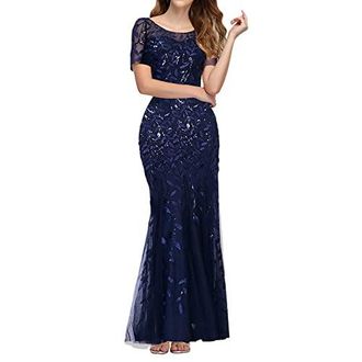 FNKDOR Robe de Soir&eacute;e Longue Femme Slim Paillettes Tulle Maxi Robe Moulante &agrave; Manches Courtes Col Rond Chic et &Eacute;l&eacute;gante Robes de Cocktail F&ecirc;te C&eacute;r&eacute;monie Anni