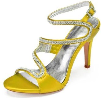 Generic Satin Chaussures De Mariée Mariage Femmes Stylet Ouvert Bout Sandales Eté Talon Mariage Soirée Chaussures10.5Cm,Jaune,39 EU