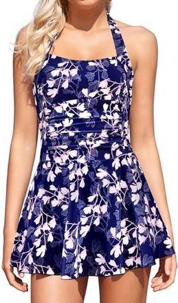 SHEKINI Maillot de bain une pièce pour femme - Col carré - Réglable - Dos nu - Robe de bain chic plissée - Jupe de bain, Fleurs bleu foncé, XL