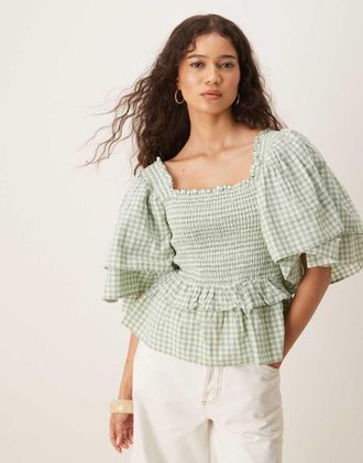 Vero Moda Top de qualit&eacute; sup&eacute;rieure &agrave; carreaux vichy et manches oversize - Sauge/blanc-Vert