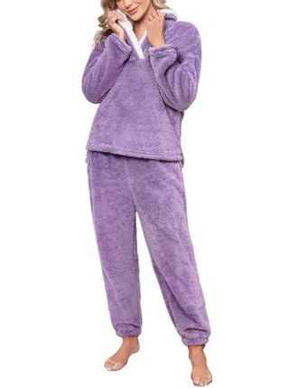 Generic Ensemble de pyjama pelucheux pour femme - V&ecirc;tement dhiver chaud et moelleux - Pantalon de pyjama 2 pi&egrave;ces en polaire douce, violet, XXL