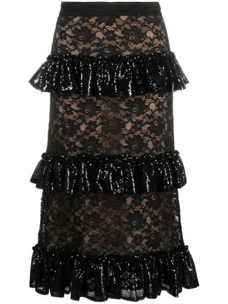 Elie Saab jupe orn&eacute;e de sequins &agrave; volants - Noir