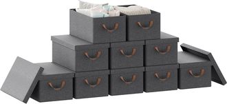 Woltu Faltbare Aufbewahrungsboxen 10 Stück, Stoffboxen mit Deckel, Aufbewahrungskörbe für Kleidung, Bettdecke, Spielzeug, Grau, 48x29x20cm