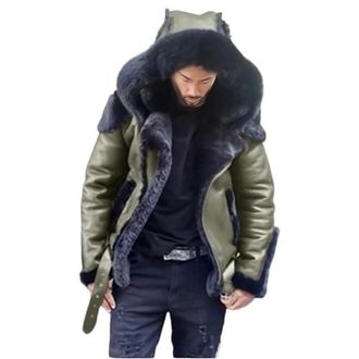 Generic Blouson aviateur en similicuir avec capuche pour homme - Chaud - Col en fausse fourrure - Manteau dhiver d&eacute;contract&eacute; - V&ecirc;tement dext&eacute;rieur, Vert, 4XL