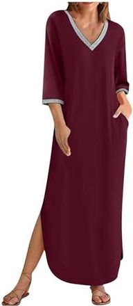 Generic Robe longue à manches 3/4 pour femme - Été et automne - Col en V - Coupe ample - Fente - Mode 2024 - Y2K, H-182 Bordeaux, XL