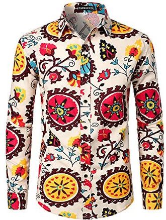 PARKLEES Chemise boutonnée à manches longues en coton pour homme style disco rétro des années 70, Beige et jaune., Taille XL